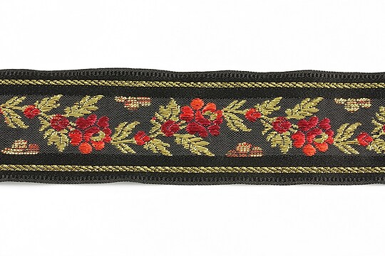 Panglica neagra brodata cu trandafiri, latime 3,2cm (1m) - auriu si...